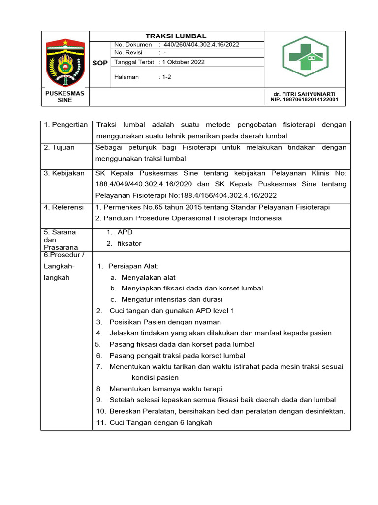 SOP Traksi Lumbal Fisioterapi | PDF