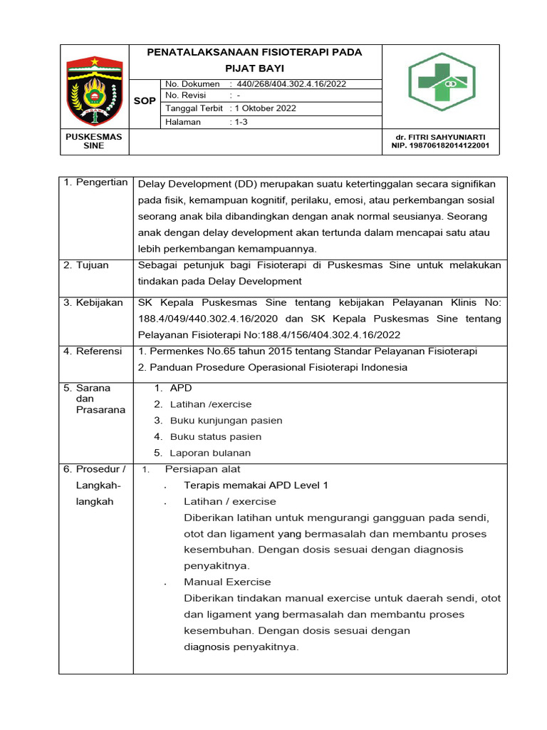 268 sop Penatalaksanaan fisioterapi pijat bayi | PDF