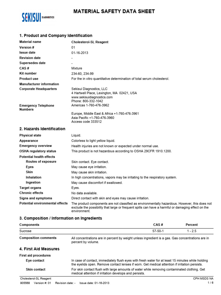 Cholesterol SL Reagent MSDS | PDF