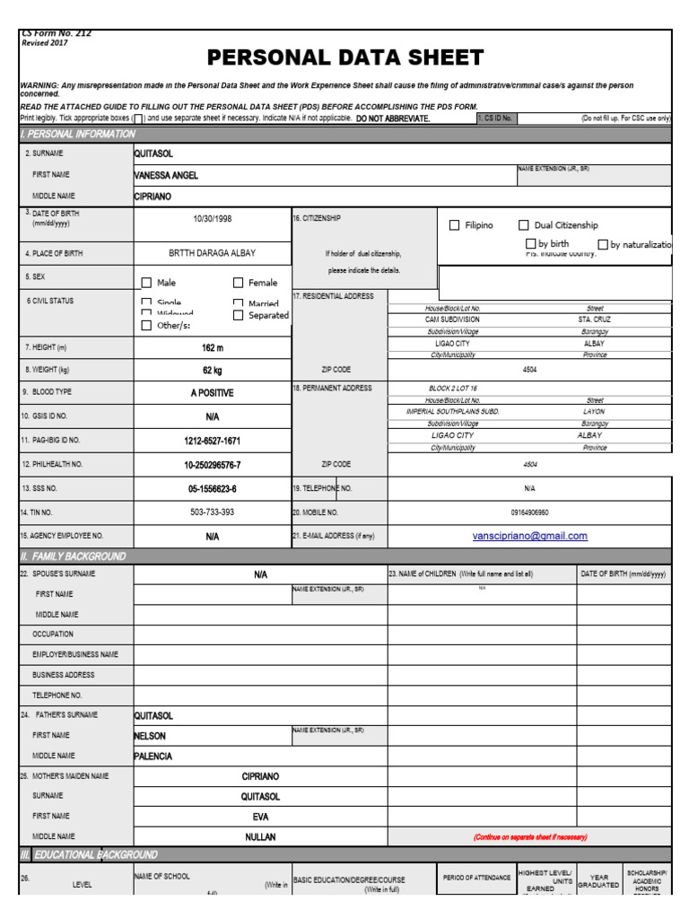 Cs Form No. 212 Revised Personal Data Sheet - New | PDF | Government ...