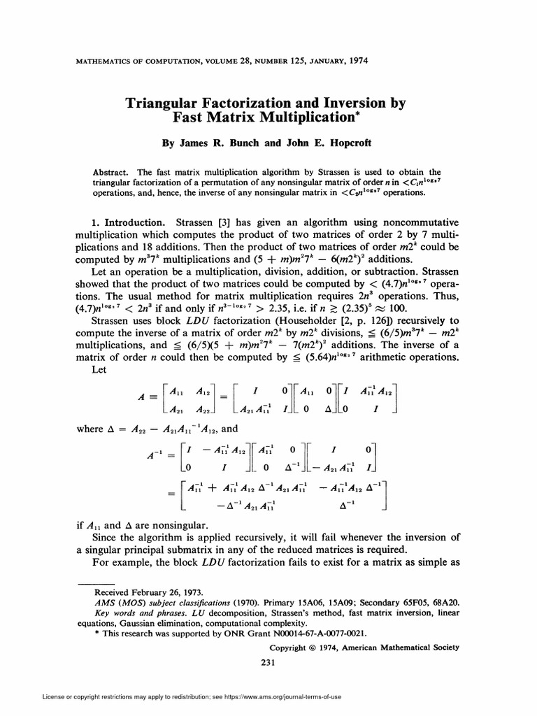 Triangular Factorization And Inversion By Fast Matrix Multiplication Pdf Matrix Mathematics