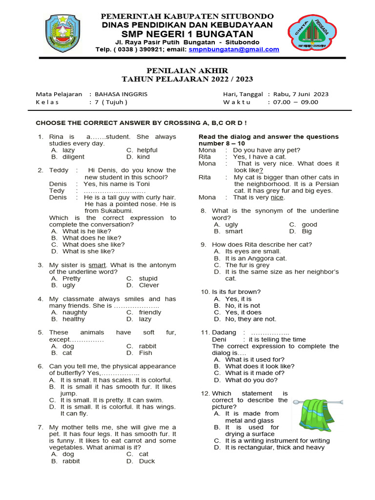 Soal Penilaian Akhir Tahun Bahasa Inggris Kelas 7 | PDF | Room
