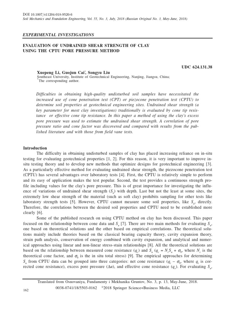 Evaluation of Undrained Shear Strength of Clay Li2018 | PDF | Soil ...