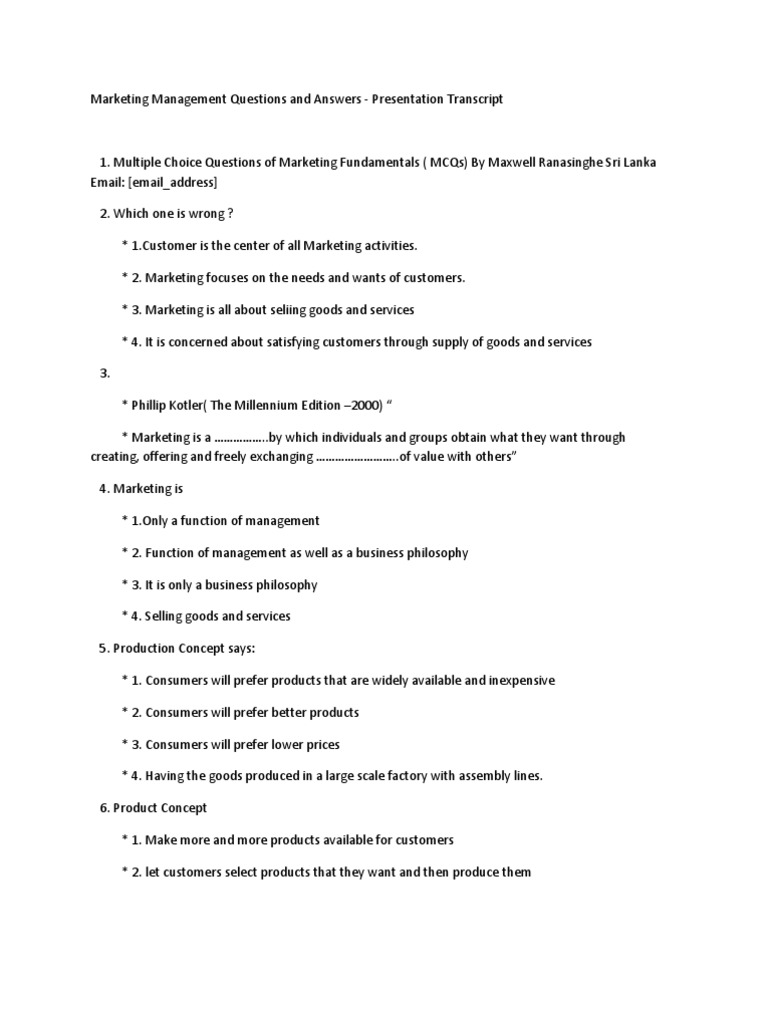 Marketing Fundamentals MCQs and Answers | PDF | Sampling (Statistics ...