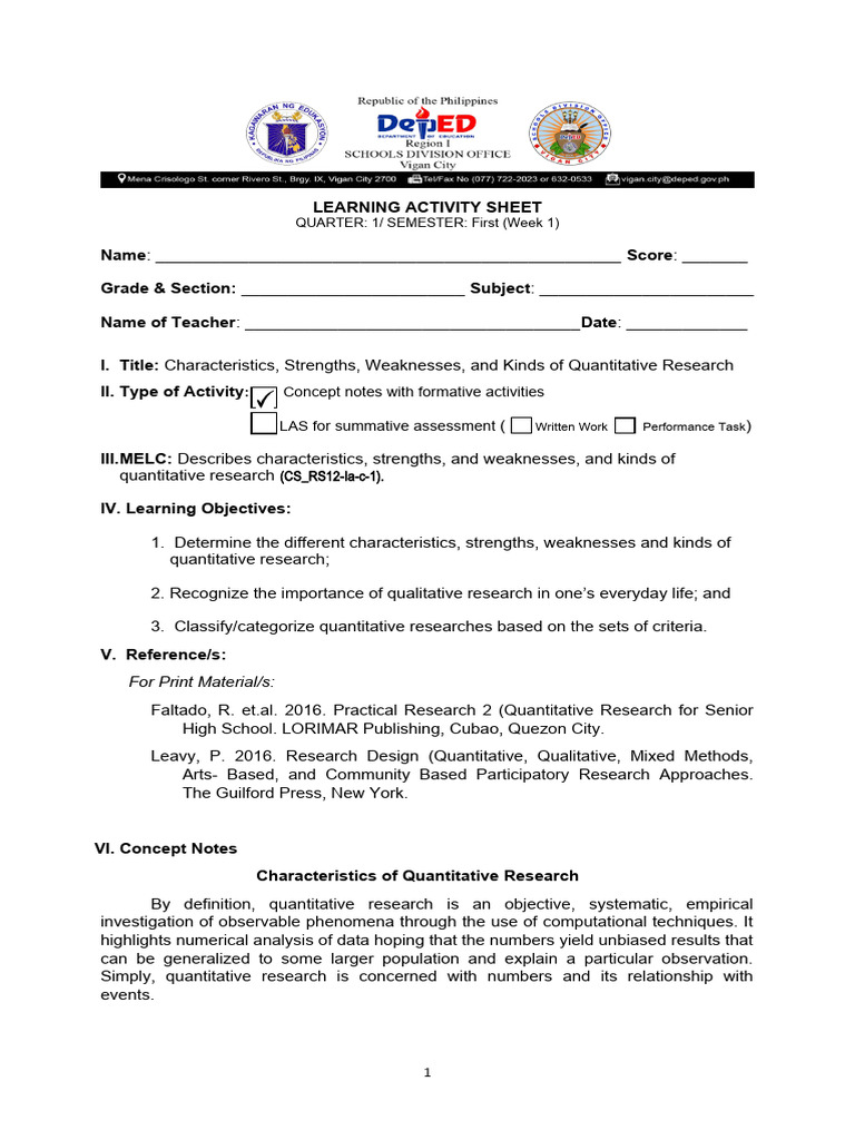 LAS PR2 MELC 1 Week 1 | PDF | Statistics | Quantitative Research