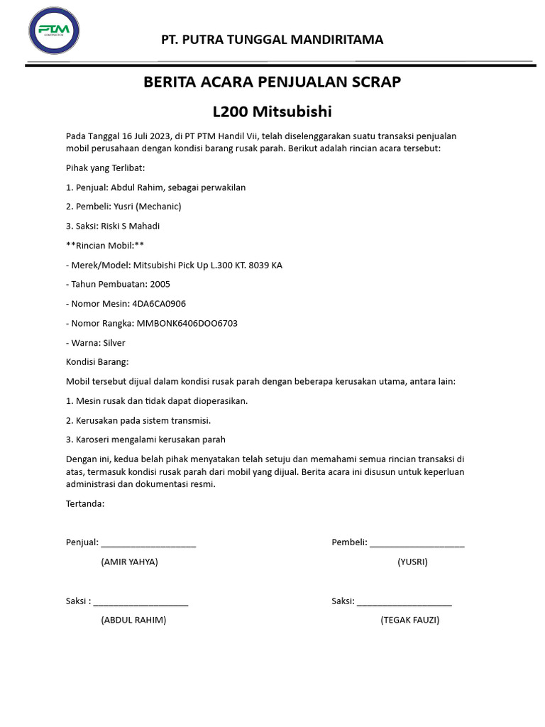 Berita Acara Penjualan Scrap | PDF