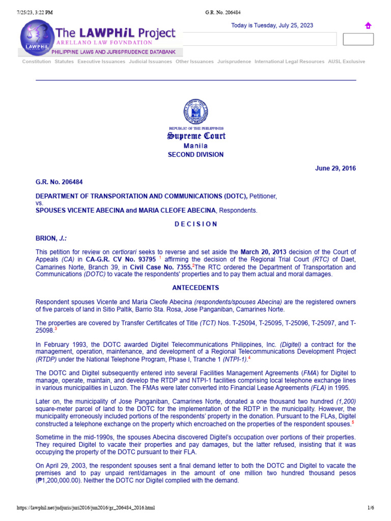 DOTC vs. Abecina: Property Dispute Ruling | PDF | Eminent Domain ...