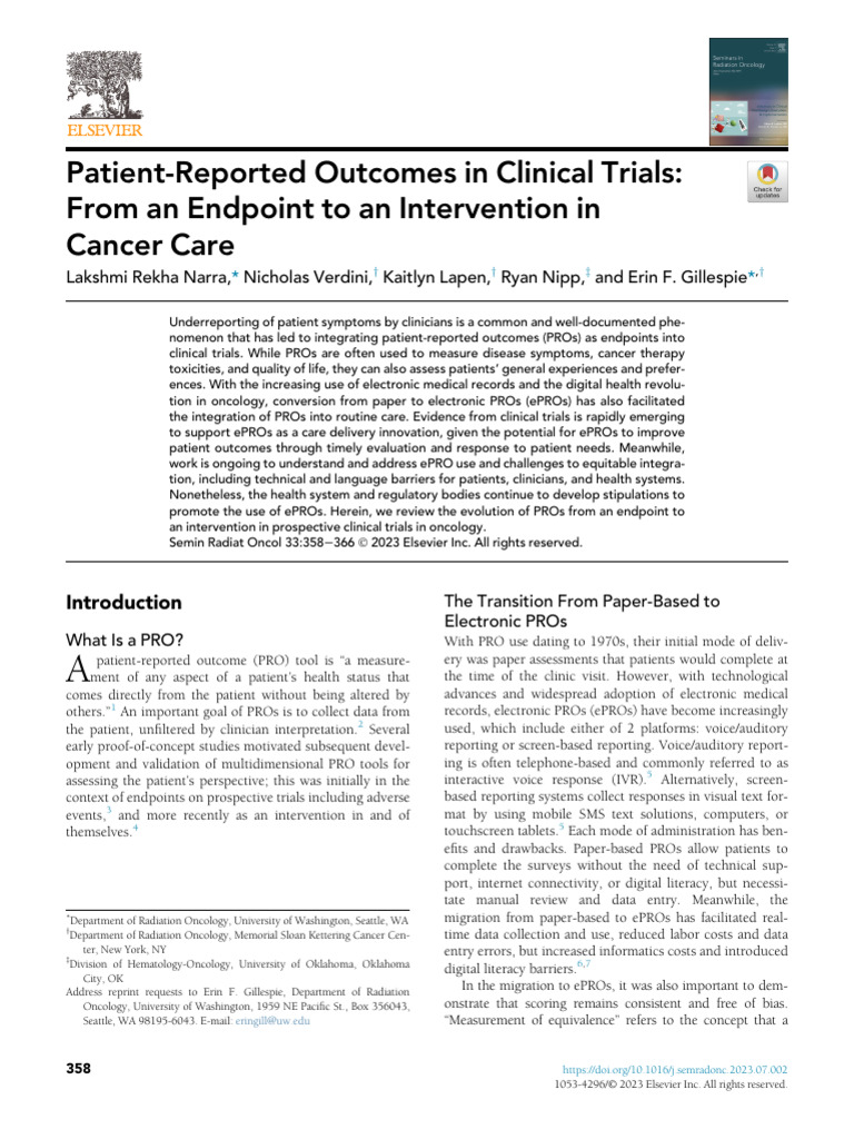 Patient Reported Outcomes in Clinical Trials From An 2023 Seminars in Radi | PDF | Clinical ...