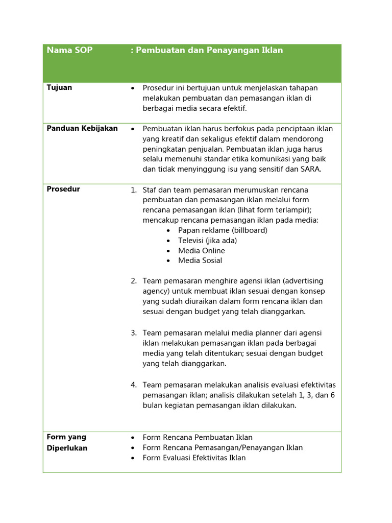 04 SOP Pembuatan Dan Penayangan Iklan | PDF