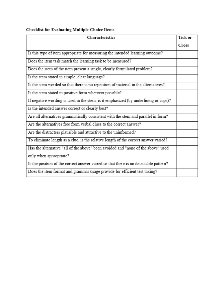 Evaluating Test Item Quality Checklist | PDF | Question | Multiple Choice