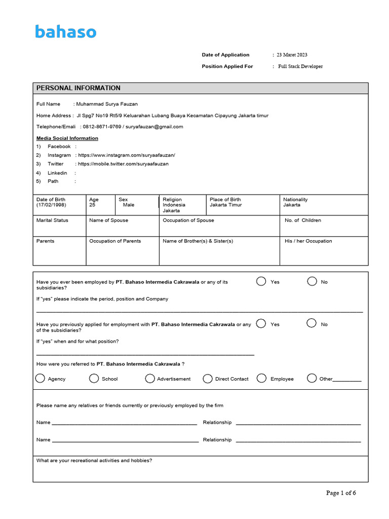 Personal Information for Job Application | PDF | Salary | Physical ...