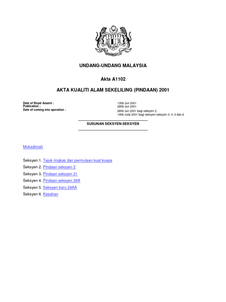 Akta Kualiti Alam Sekeliling Pindaan 2001 - ACT A1102 | PDF
