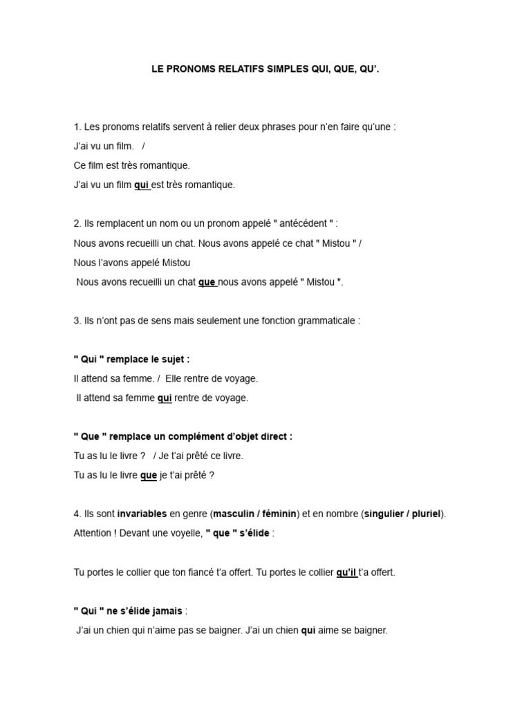 Les Pronoms Relatifs Qui-Que | PDF