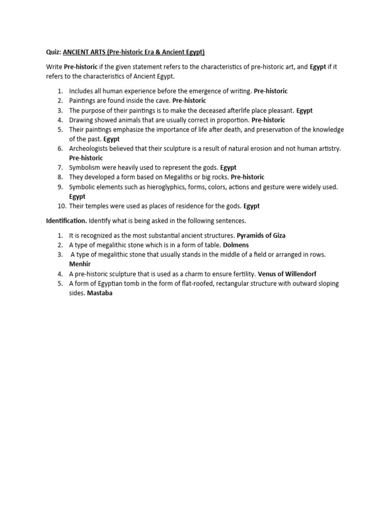 Quiz - Ancient Art (Pre-Historic & Ancient Egypt) | PDF