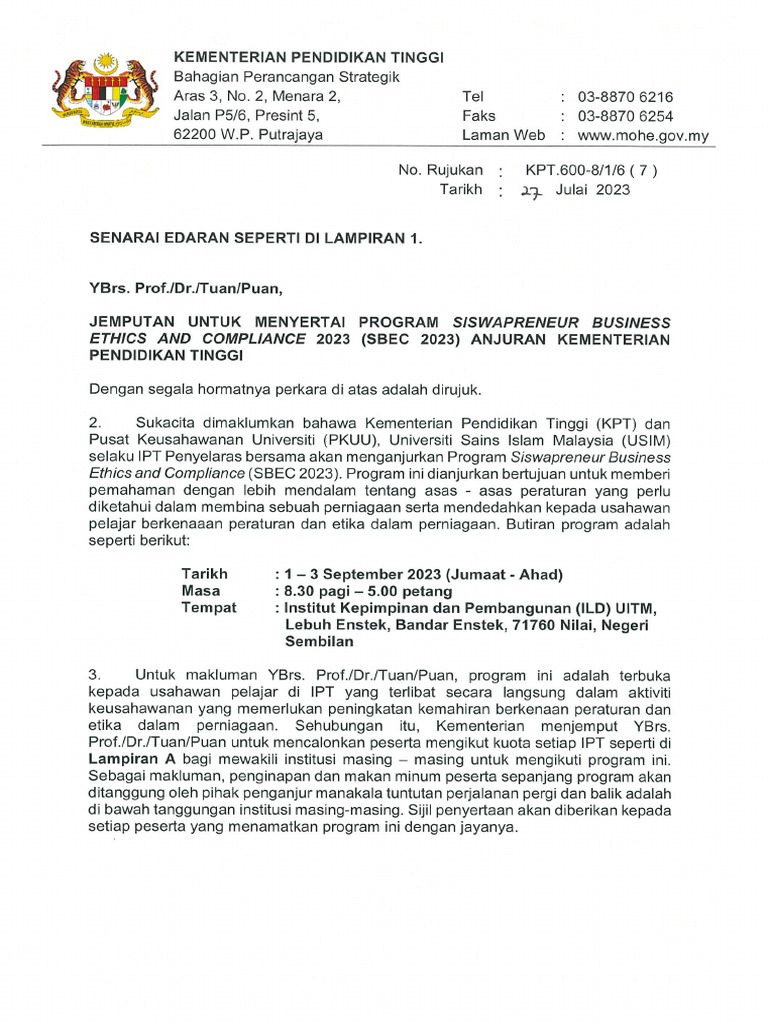 Jemputan Menyertai Sbec 2023 Anjuran KPT | PDF