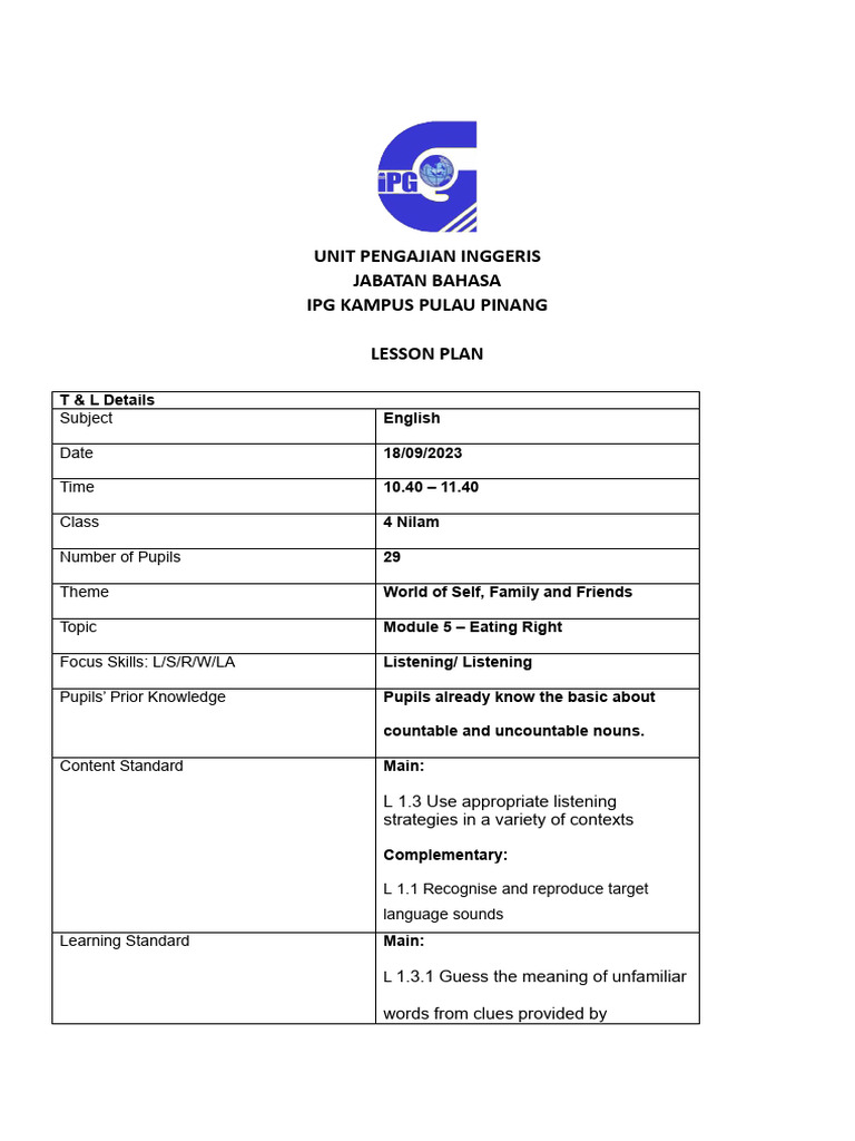 Lesson Plan Unit 5 - Uncountable and Countable Nouns | PDF | Lesson ...