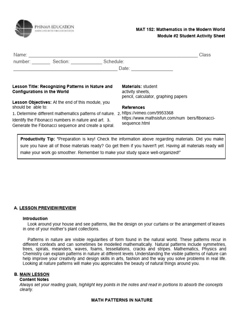 SAS02 MAT 152 Fibonacci Sequence | PDF | Pattern | Mathematics