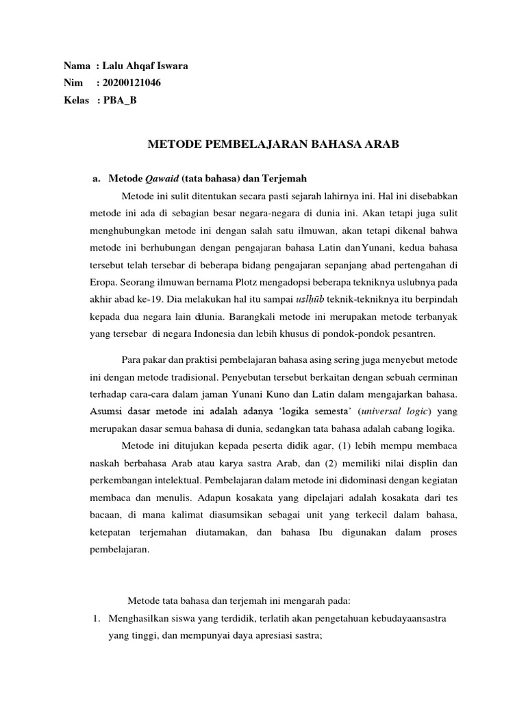 Metode Pembelajaran Bahasa Arab | PDF
