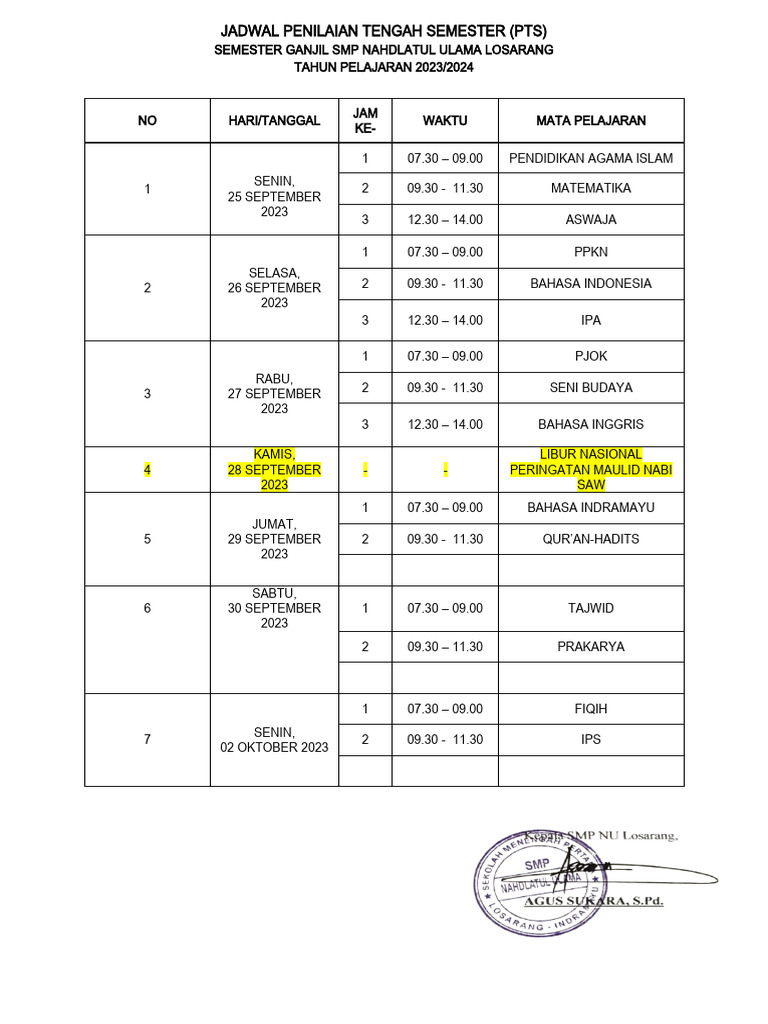 Jadwal PTS SMP | PDF