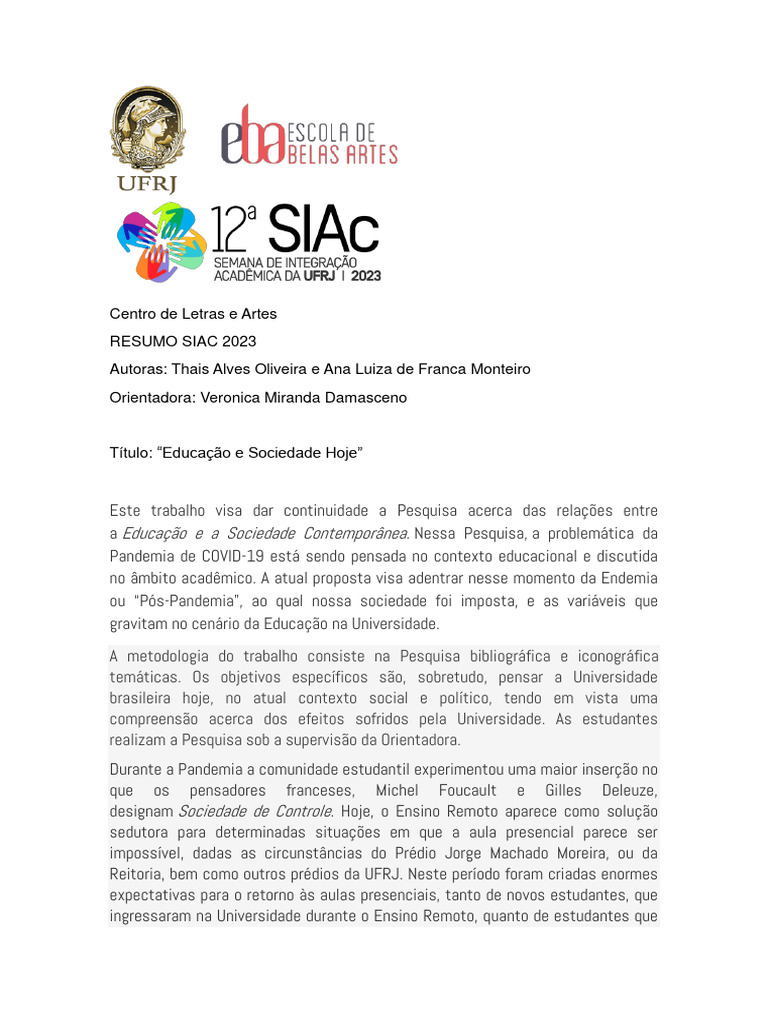 Resumo SIAC 2023 | PDF | Science | Universidade