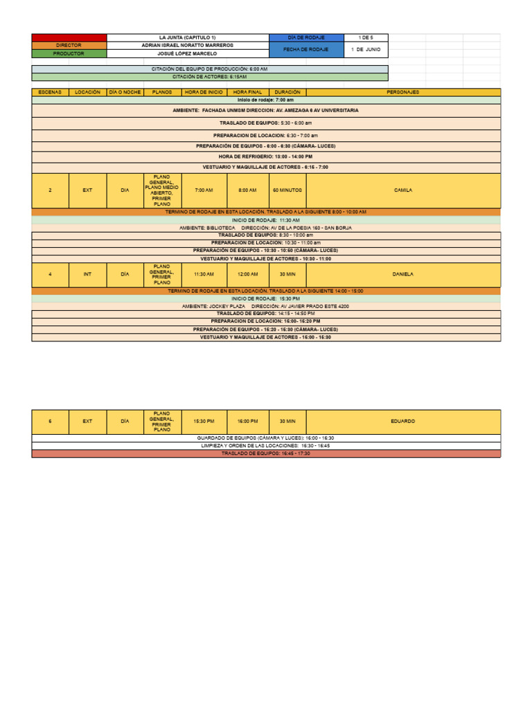 PLAN DE RODAJE - Hoja 1 | PDF