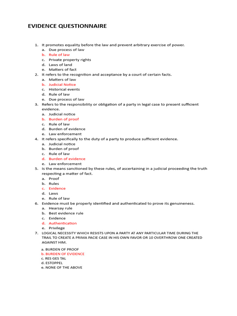 Legal Evidence Questionnaire Guide | PDF | Evidence (Law) | Burden Of ...