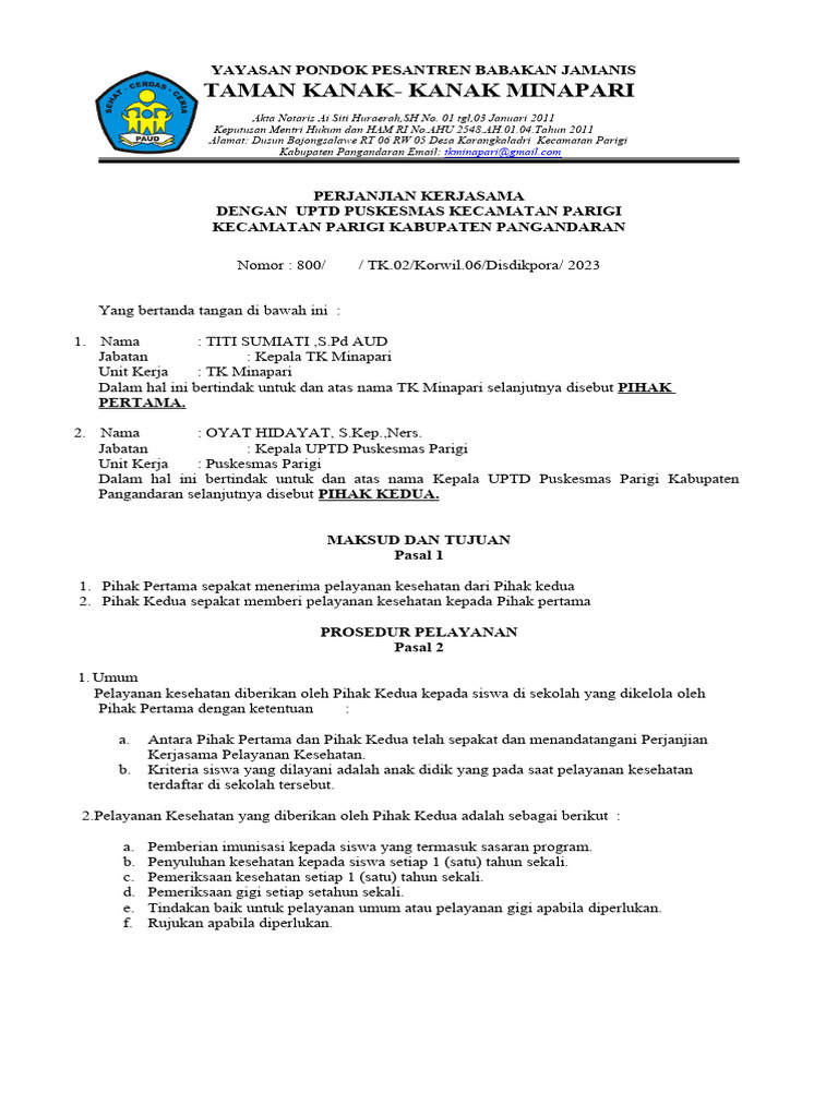Perjanjian Kerjasama Dengan Puskesmas Pdf