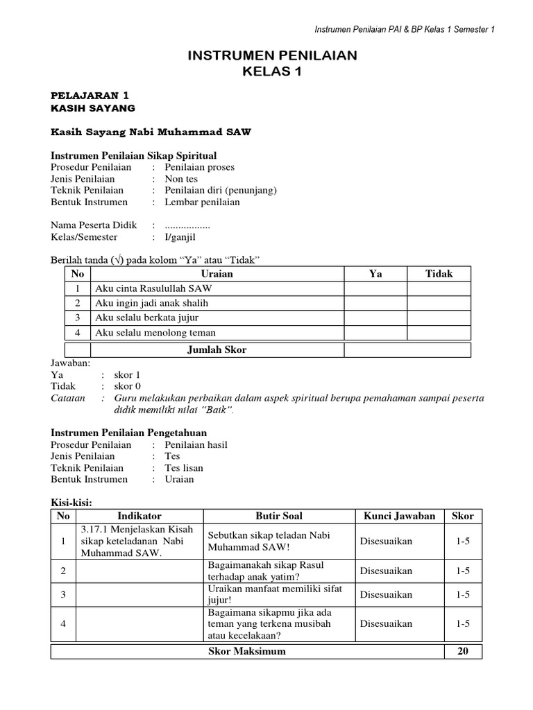 Instrumen Penilaian Kls 1 | PDF