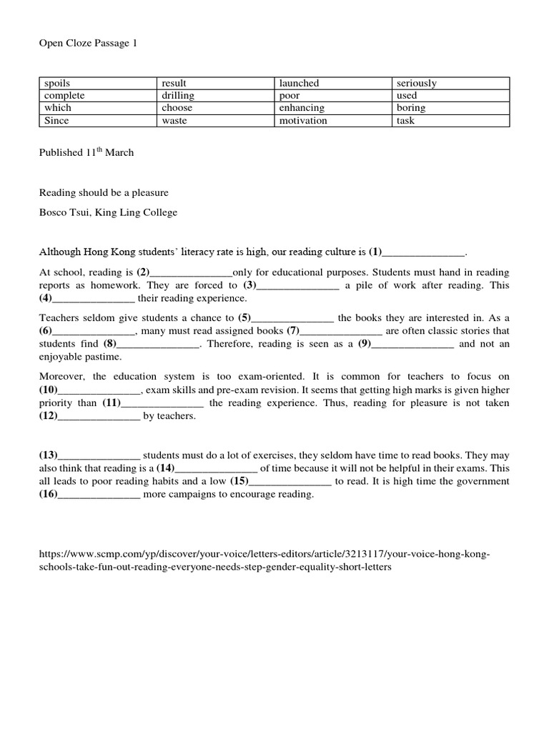 Open Cloze Passage 1 | PDF