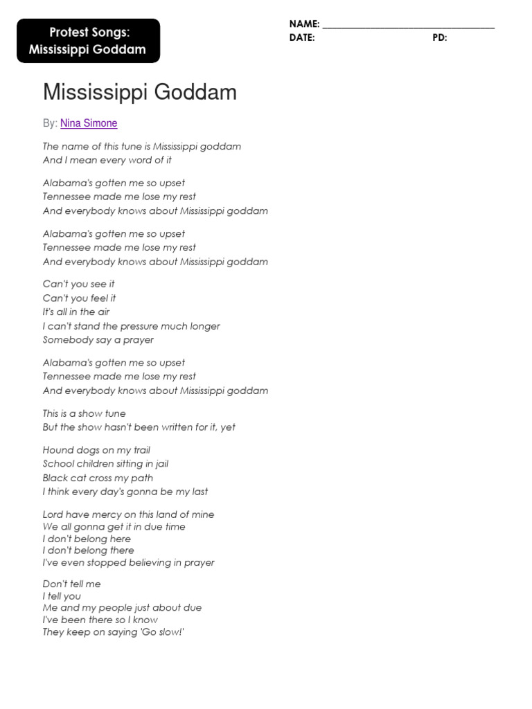 Mississippi Goddam: A Protest Anthem Analysis | PDF | Art | Poetry