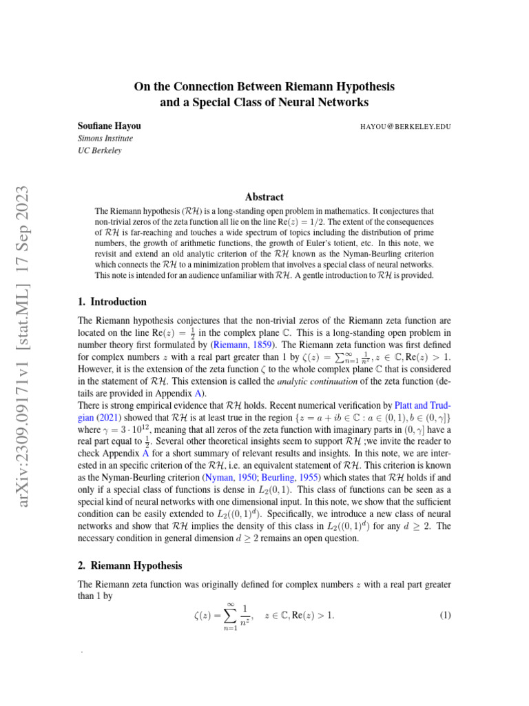 Hayou - 2023 - On The Connection Between Riemann Hypothesis and Neural ...