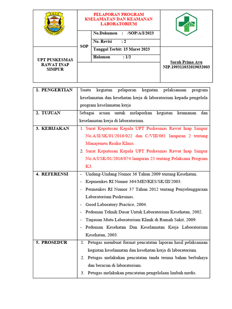 Fix Sop Pelaporan Program Keselamatan Dan Keamanan Laboratorium | PDF | Teknologi & Rekayasa