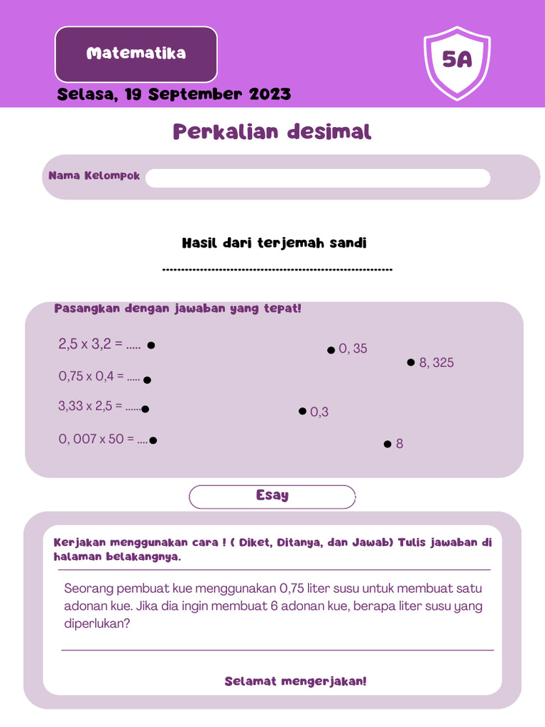 LKPD Matematika Perkalian Pecahan Desimal | PDF