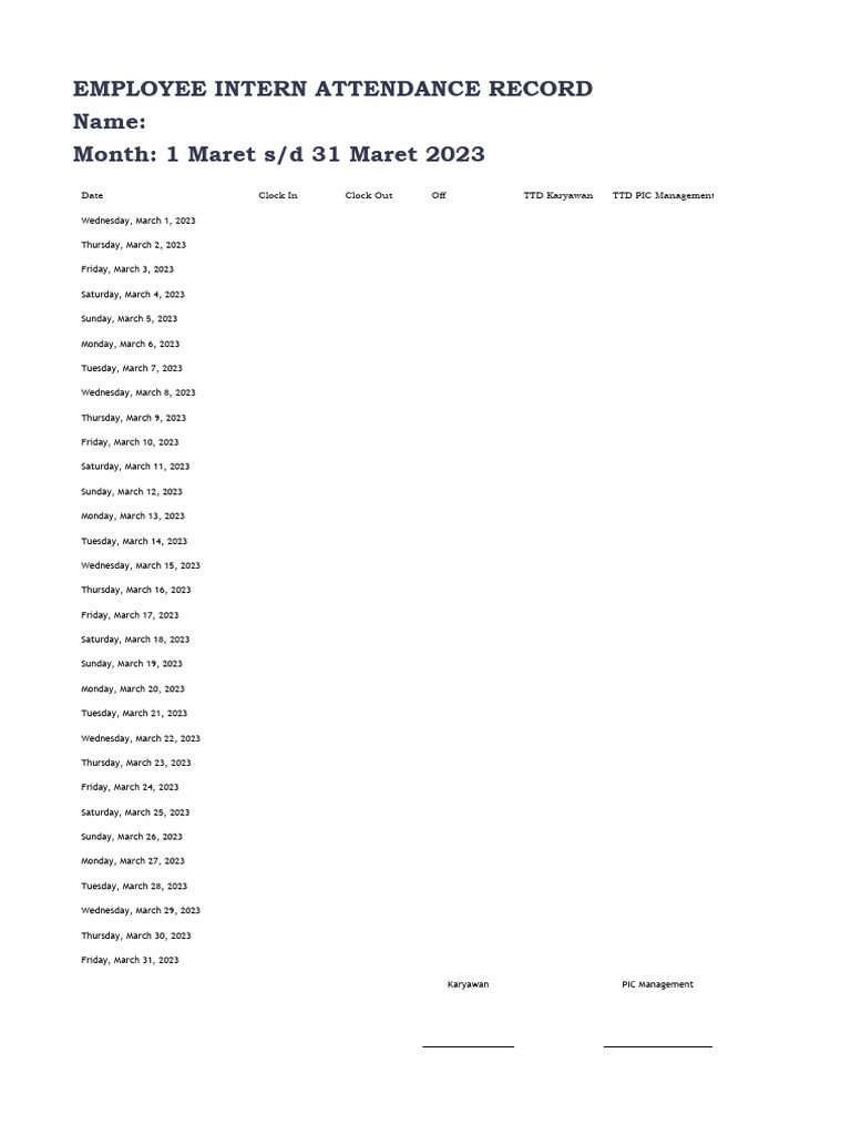 March 2023 Employee Attendance Record | PDF