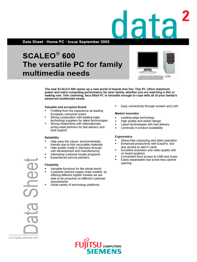 Fujitsu Scaleo 600 Cel 2 4g 80gb FSP 830020378 c15 Data Sheet | PDF | Personal Computers | Usb