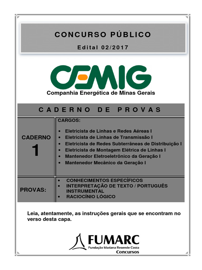 Caderno de Provas Concurso Cemig 02 | PDF