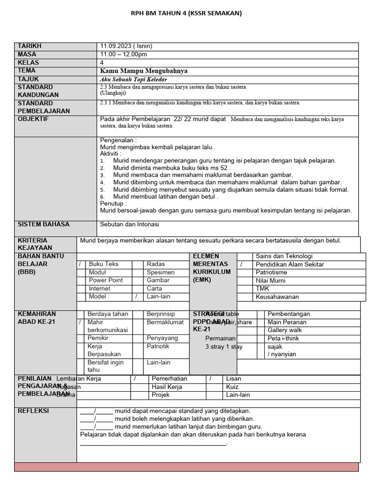 RPH BM Tahun 4 Hari Kawita Kawi | PDF