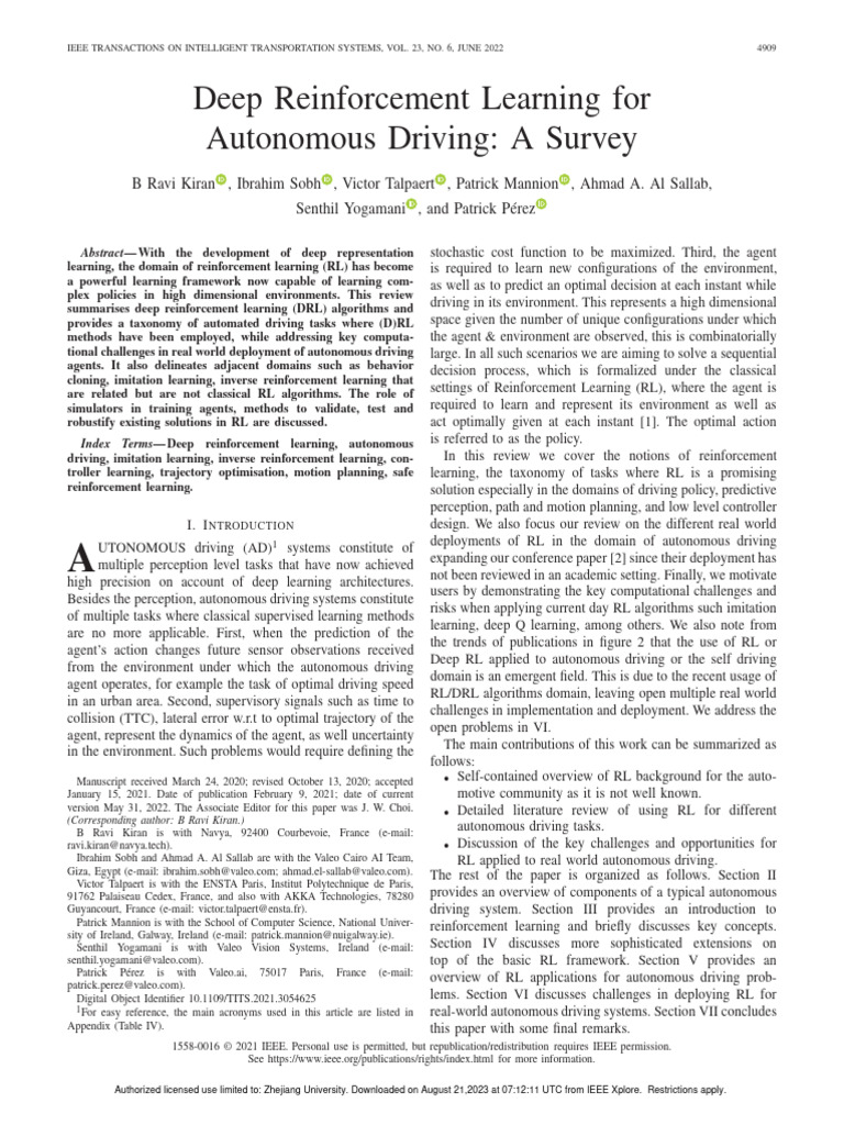 Deep Reinforcement Learning For Autonomous Driving A Survey | PDF