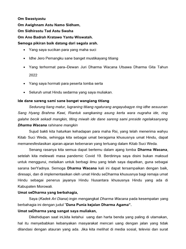 Dharma Wacana Dek Ari Dana Punia | PDF