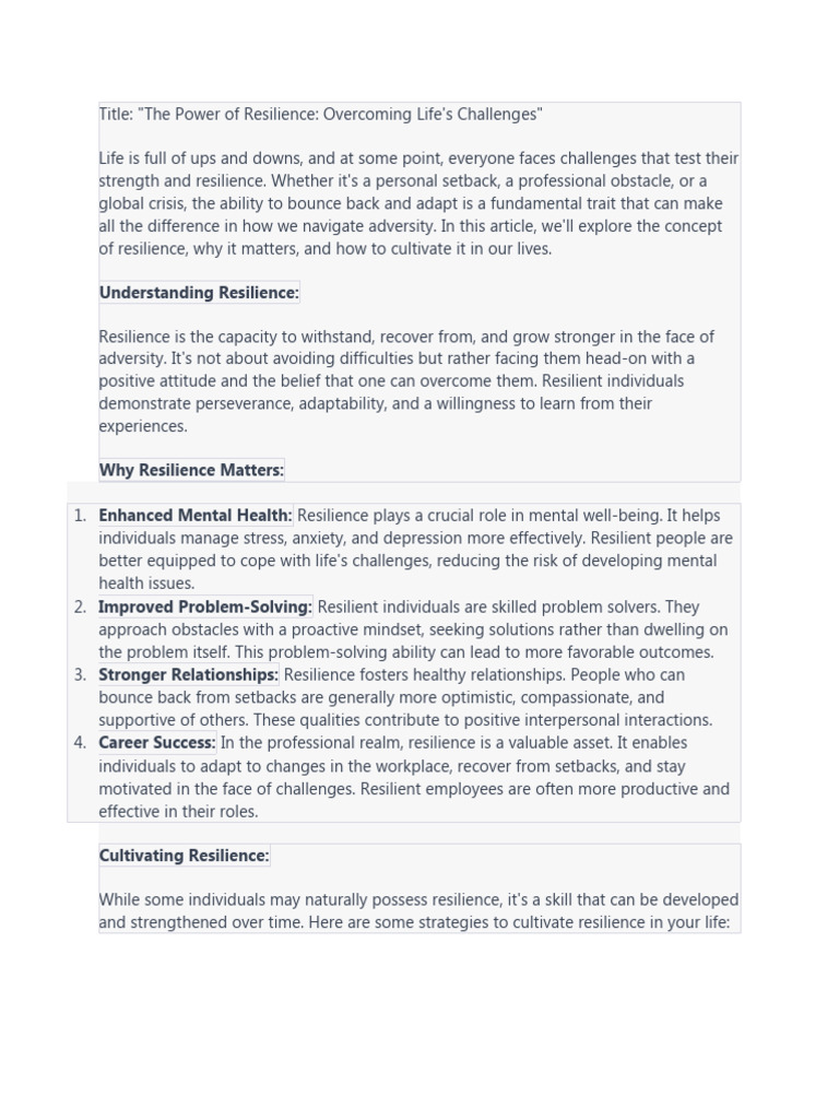 The Power of Resilience Overcoming Life's Challeng | PDF