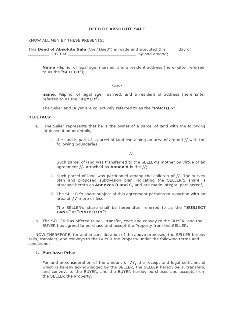 Sample Deed of Absolute Sale | PDF | Deed | Land Lot