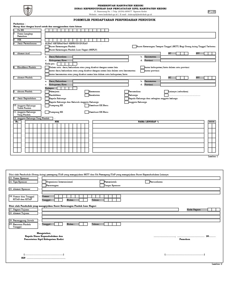 F-1.03-FORMULIR PENDAFTARAN PERPINDAHAN KEPENDUDUKAN LOGO KEDIRI | PDF