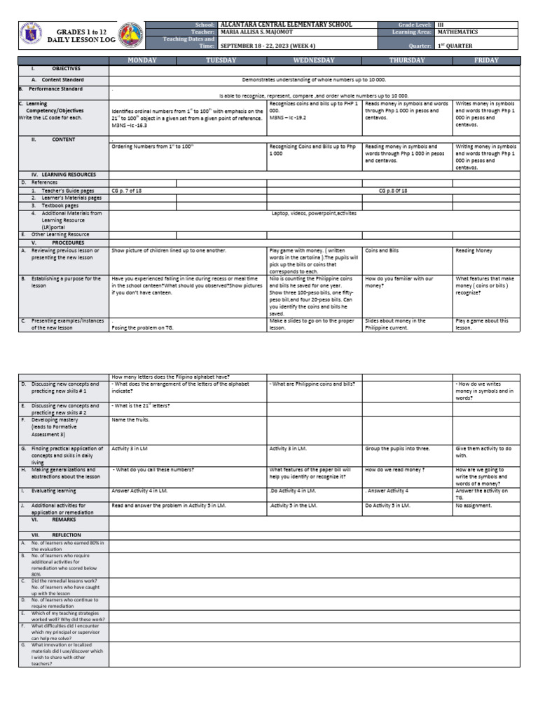 DLL - Mathematics 3 - Q1 - W4 | PDF | Learning | Human Communication