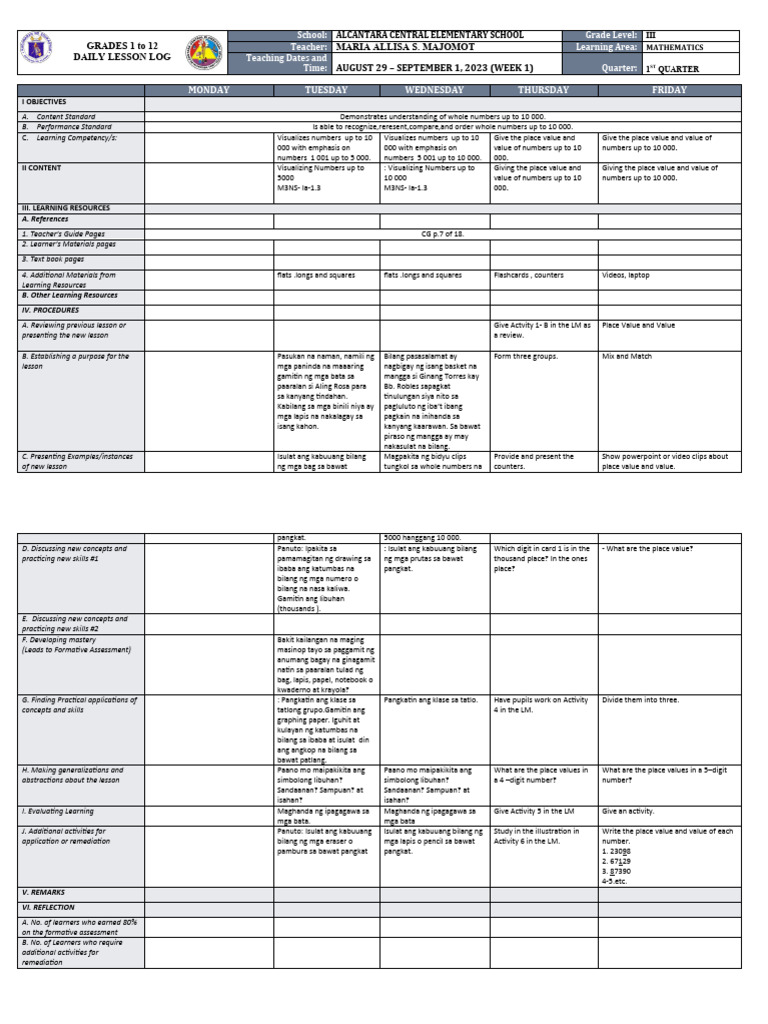 DLL - Math 3 - Q1 - W1 | PDF | Learning | Behavior Modification