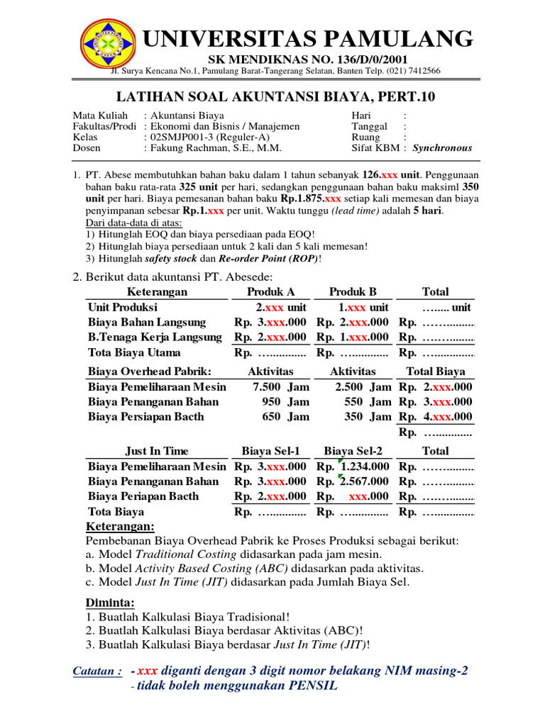 Latihan Soal Ak - Biaya Pert.10 (Ver.2023) | PDF Latihan Soal Ak - Biaya Pert.10 (Ver.2023) | PDF