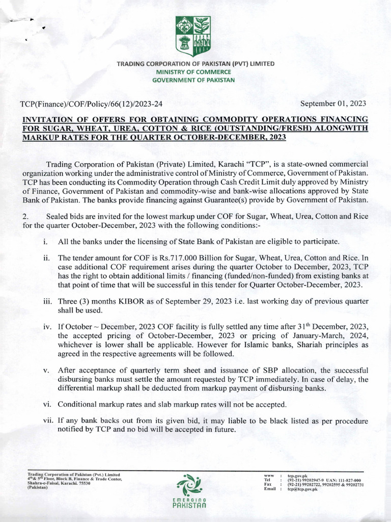 Invitation of Offers For Obtaining Commodity Operations Financing | PDF