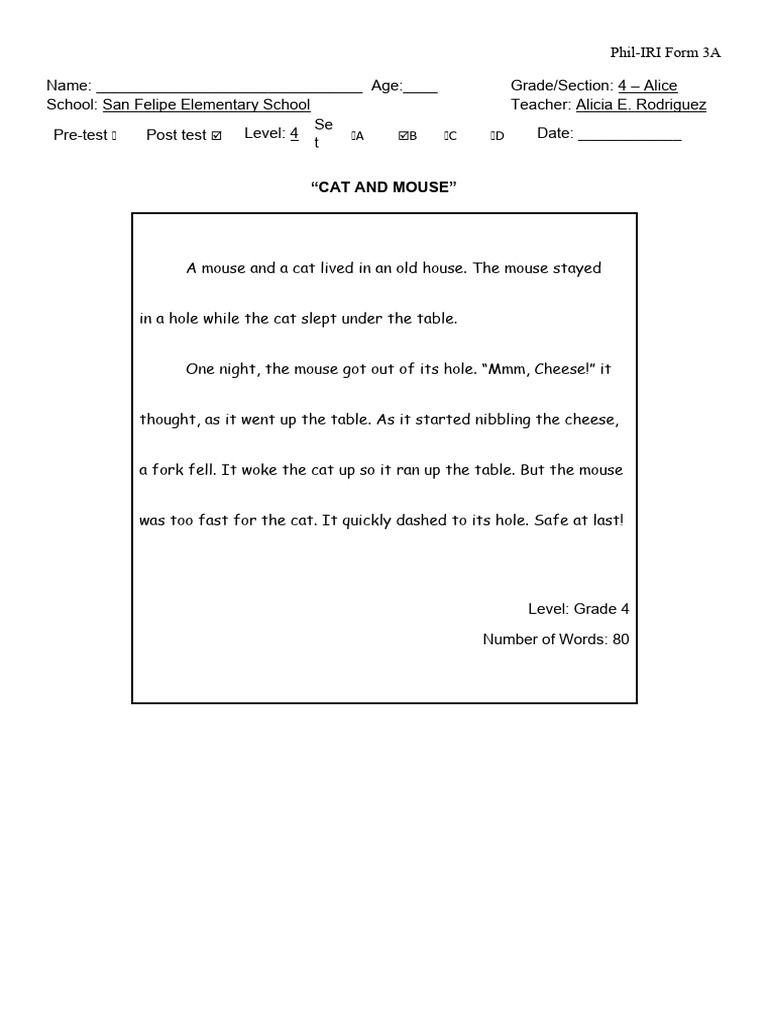 Phil-IRI POST TEST Reading Selection Form A4 | PDF