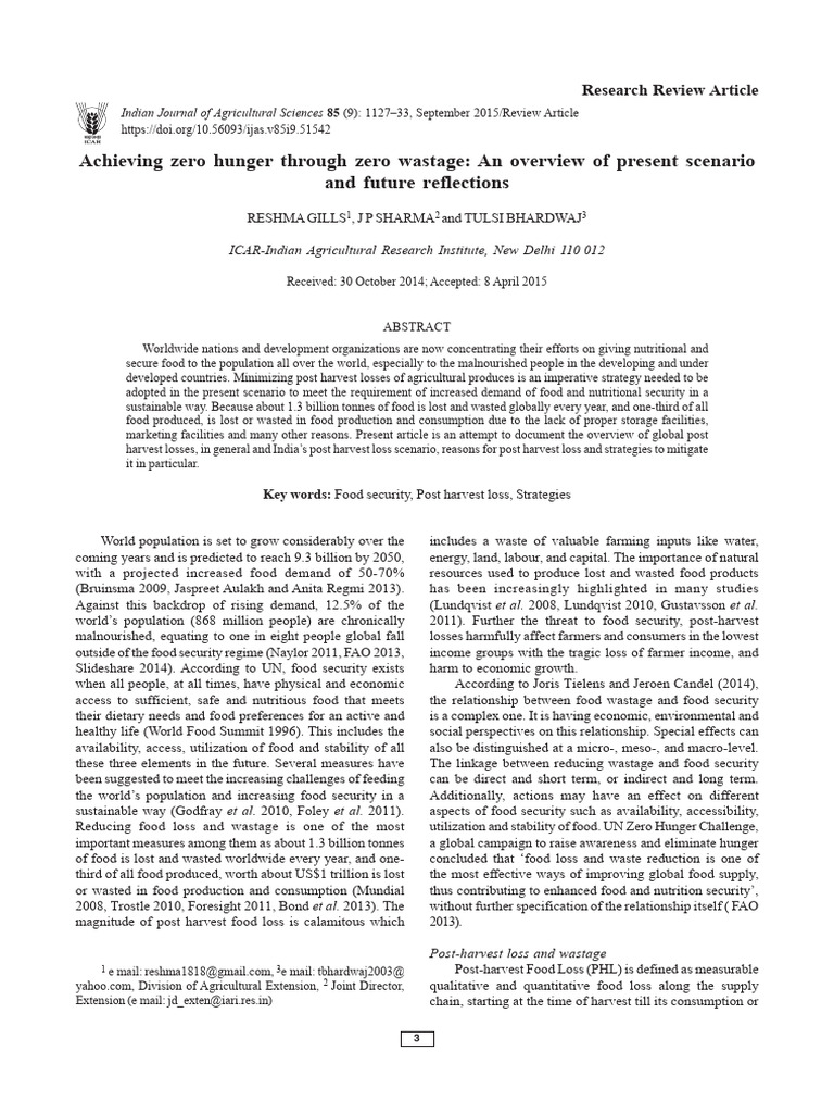 Achieving Zero Hunger Through Zero Wastage - An Overview of Present ... Achieving Zero Hunger Through Zero Wastage - An Overview of Present ...
