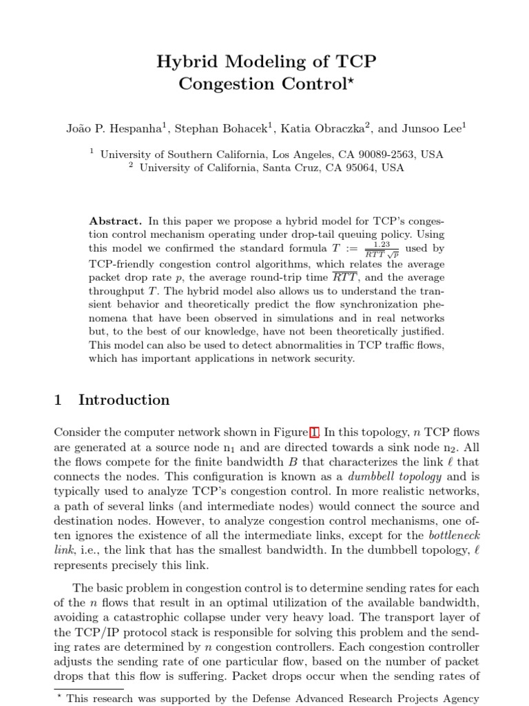 Hybrid Modeling Of Tcpcongestion Control Lecture Notes In Computer