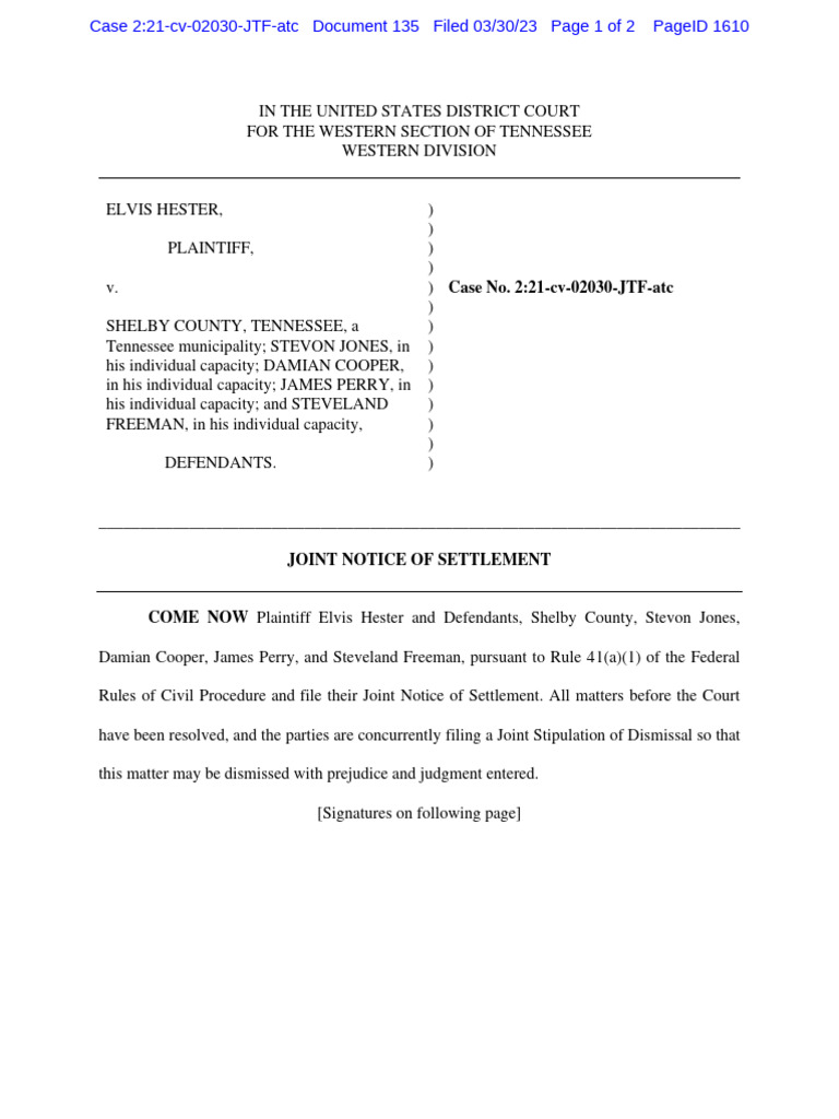 Joint Settlement Notice in Hester v. Shelby | PDF | United States Case ...